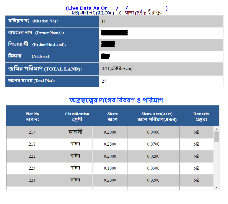 Banglarbhumi Portal - Khatian and Plot Information, RS-LR Plot